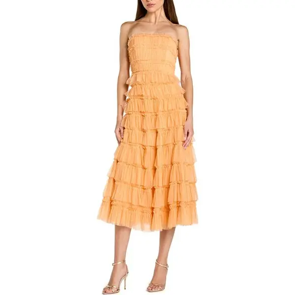 Mac Duggal Solid Mesh Micro Ruffle Strapless Midi Dress - Sherbet
