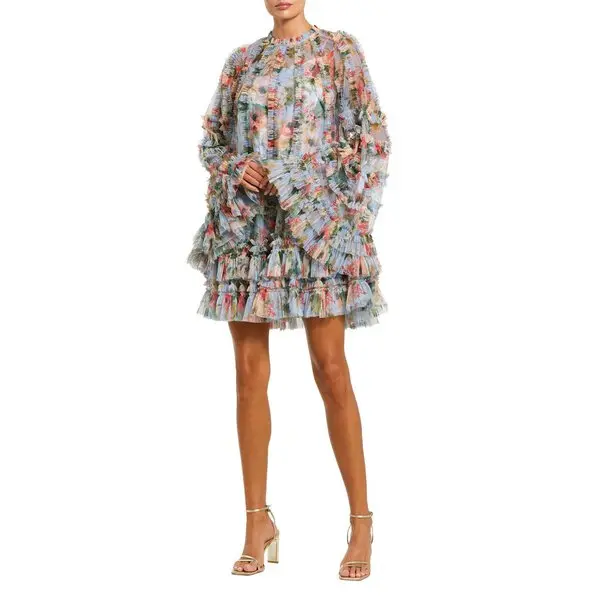 Mac Duggal Floral Ruffled Tiered Mini Dress - Blue Multi