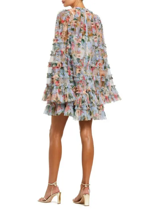 Mac Duggal Floral Ruffled Tiered Mini Dress - Blue Multi