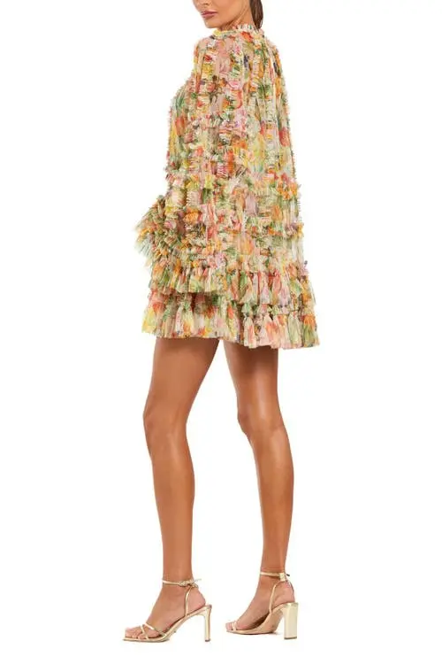 Mac Duggal Printed Mesh Ruffle Mini Dress - Ivory Multi