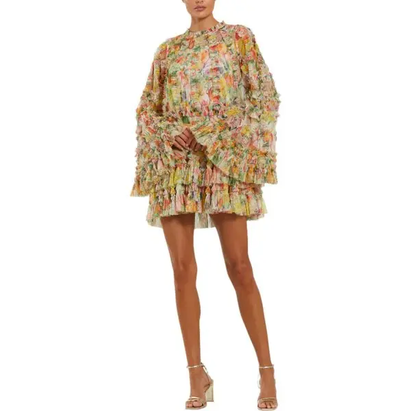 Mac Duggal Printed Mesh Ruffle Mini Dress - Ivory Multi