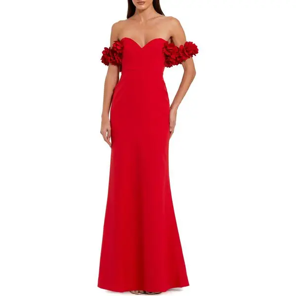 Mac Duggal Off-the-shoulder Gown With 3d Floral Embellishments - Red