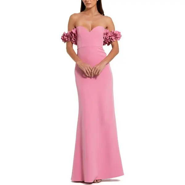 Mac Duggal Off-the-shoulder Gown With 3d Floral Embellishments - Rose