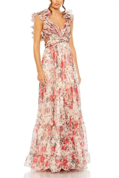 Mac Duggal Floral Chiffon Gown With Open Back - Rose Multi