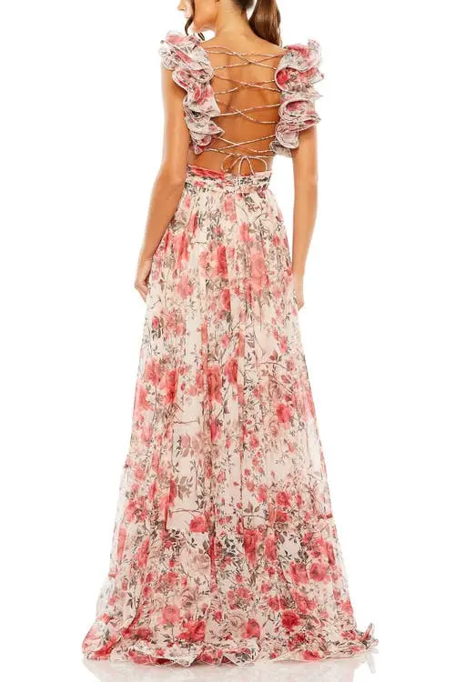Mac Duggal Floral Chiffon Gown With Open Back - Rose Multi