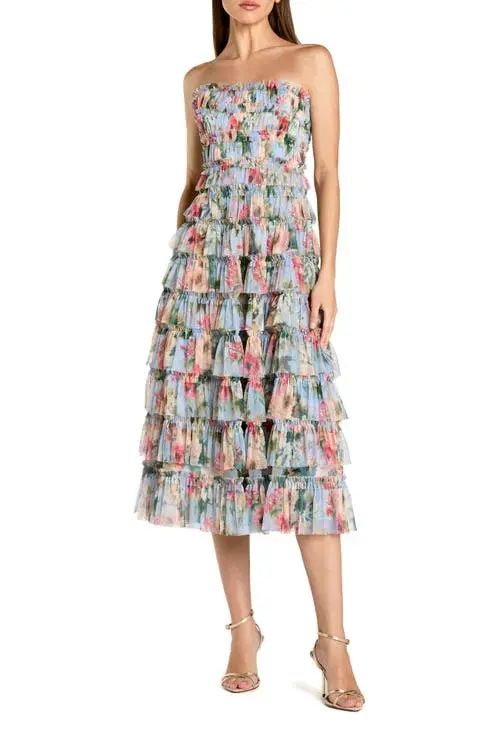 Mac Duggal Printed Mesh Ruffle Strapless Midi Dress - Blue Multi