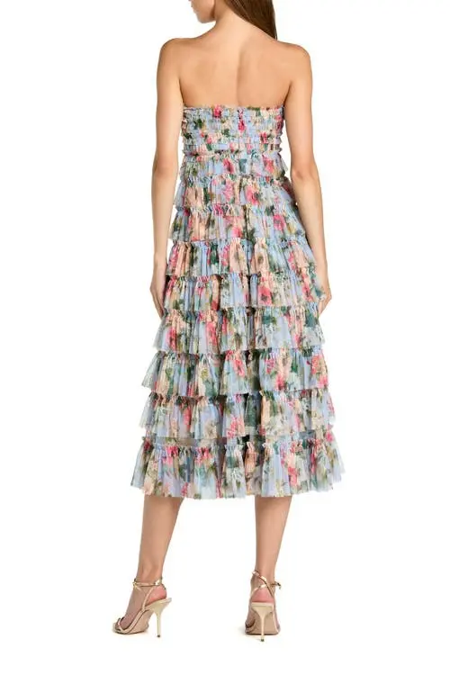 Mac Duggal Printed Mesh Strapless Midi Dress - Blue Multi