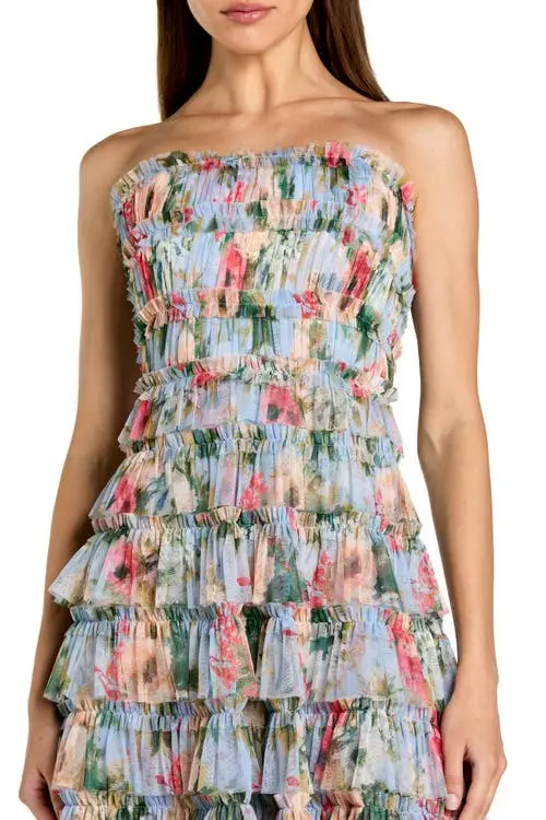 Mac Duggal Printed Mesh Strapless Midi Dress - Blue Multi