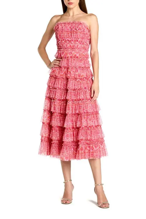 Mac Duggal Printed Mesh Ruffle Strapless Midi Dress - Pink Multi