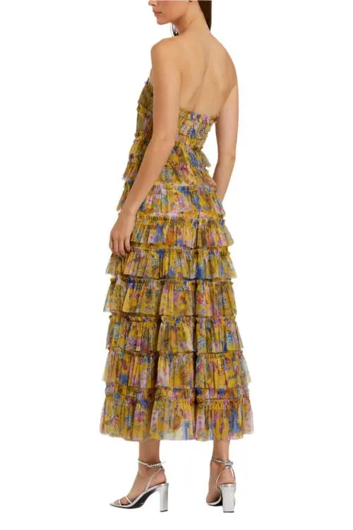 Mac Duggal Printed Mesh Strapless Midi Dress - Yellow Multi