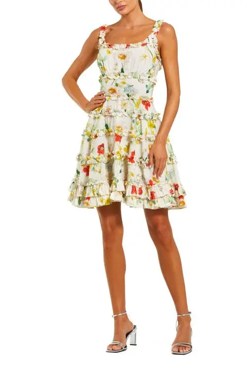 Mac Duggal Floral Square Neck Mini Dress - Ivory Multi