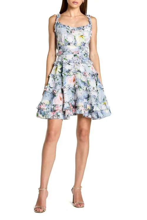 Mac Duggal Floral Square Neck Mini Dress - Platinum Multi