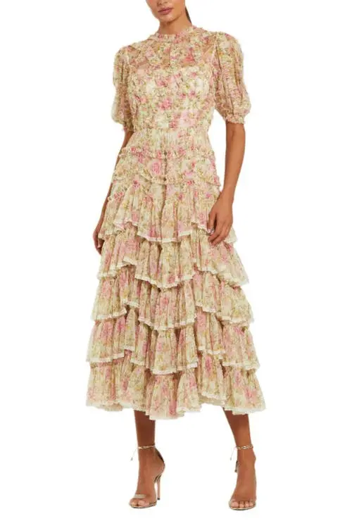 Mac Duggal Printed Mesh Midi Dress With Lace Accents