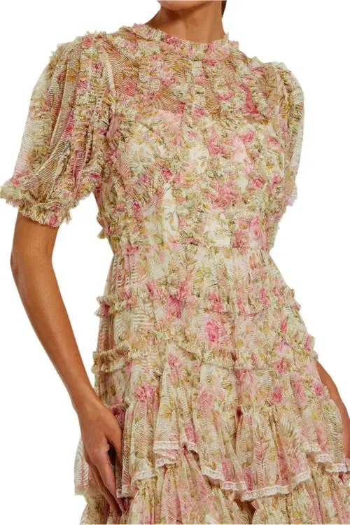 Mac Duggal Printed Mesh Midi Dress With Lace Accents