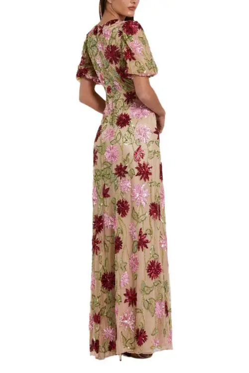 Mac Duggal Floral Embroidered Mesh Gown With Puff Sleeves