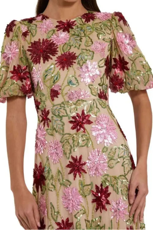 Mac Duggal Floral Embroidered Mesh Gown With Puff Sleeves