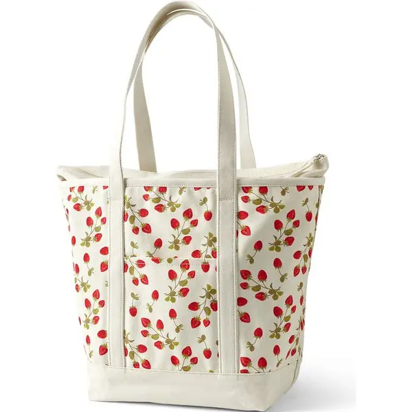 LANDS' END Print Canvas Tote Bag - Red Strawberry/natural