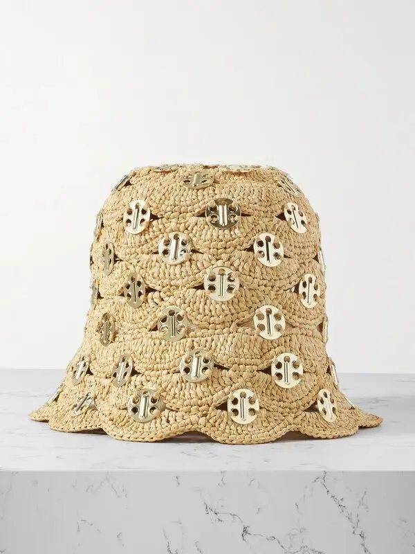 Rabanne Embellished Crocheted Raffia Bucket Hat - Gold