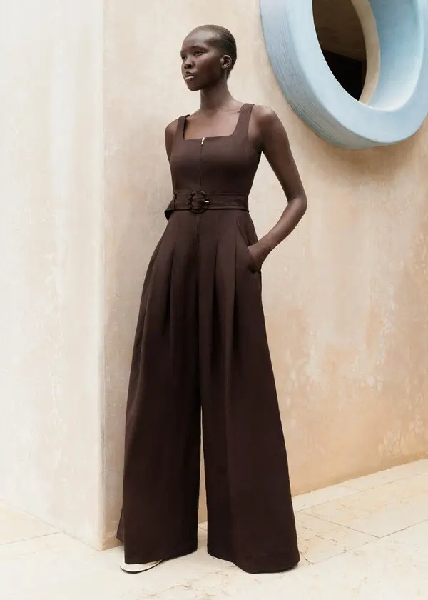 ME+EM Linen Blend Tailored Jumpsuit With Belt - Summer Chocolate
