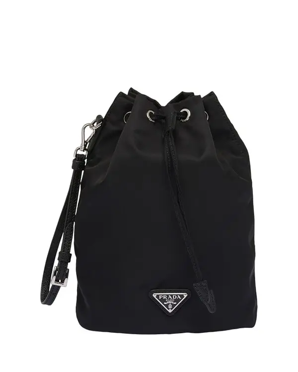 Prada Re-nylon Drawstring Pouch With Leather Wristlet - Black