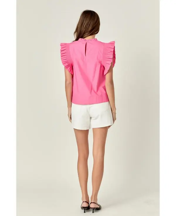 English Factory Ruffle Sleeve Poplin Top - Fuchsia