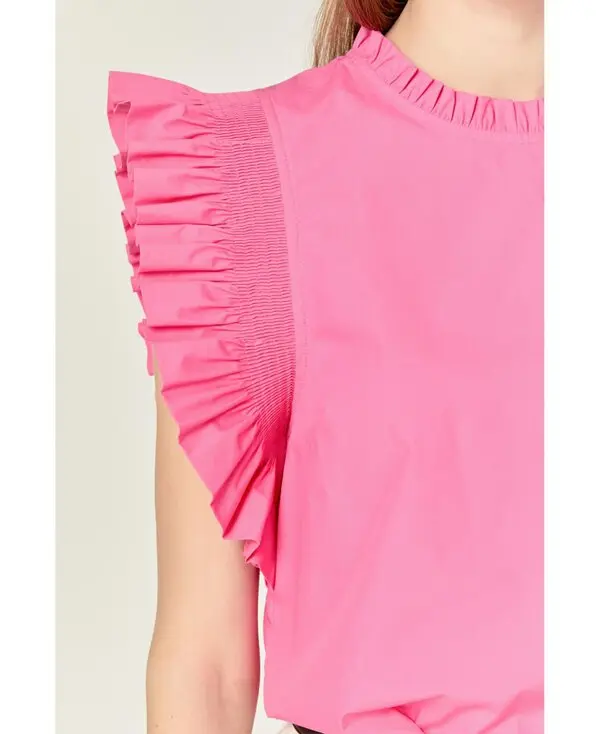 English Factory Ruffle Sleeve Poplin Top - Fuchsia