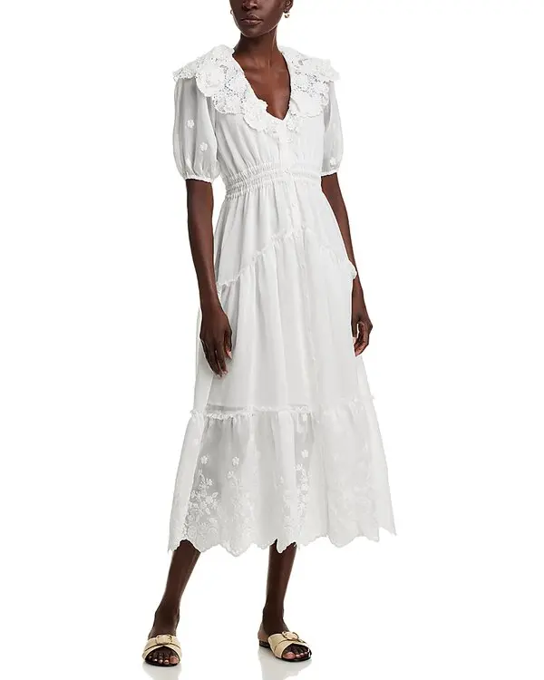 Aqua Embroidered Ruffle Short Sleeve Maxi Dress