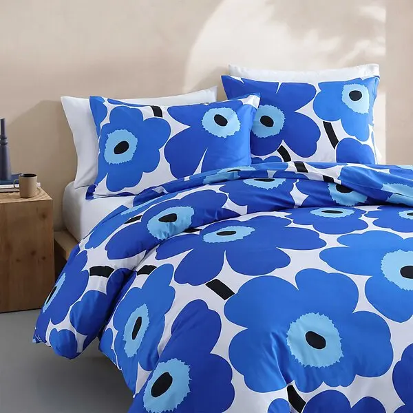 Marimekko Unikko 3 Piece Cotton Percale Duvet Cover Set, Full Queen - True Blue