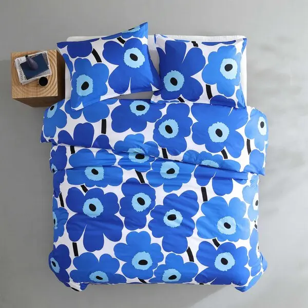 Marimekko Unikko 3 Piece Cotton Percale Duvet Cover Set, Full Queen - True Blue