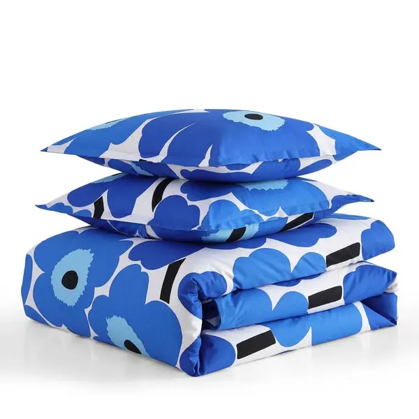 Marimekko Unikko 3 Piece Cotton Percale Duvet Cover Set, Full Queen - True Blue