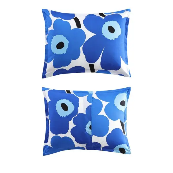 Marimekko Unikko 3 Piece Cotton Percale Duvet Cover Set, Full Queen - True Blue
