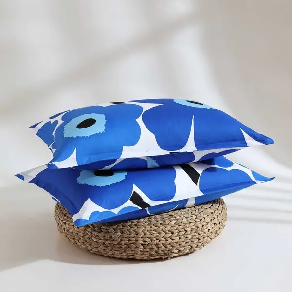 Marimekko Unikko 3 Piece Cotton Percale Duvet Cover Set, Full Queen - True Blue