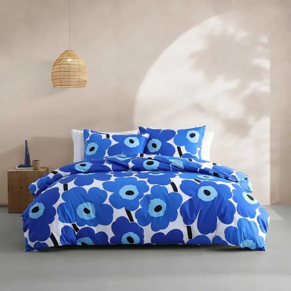 Marimekko Unikko 3 Piece Cotton Percale Duvet Cover Set, Full Queen - True Blue