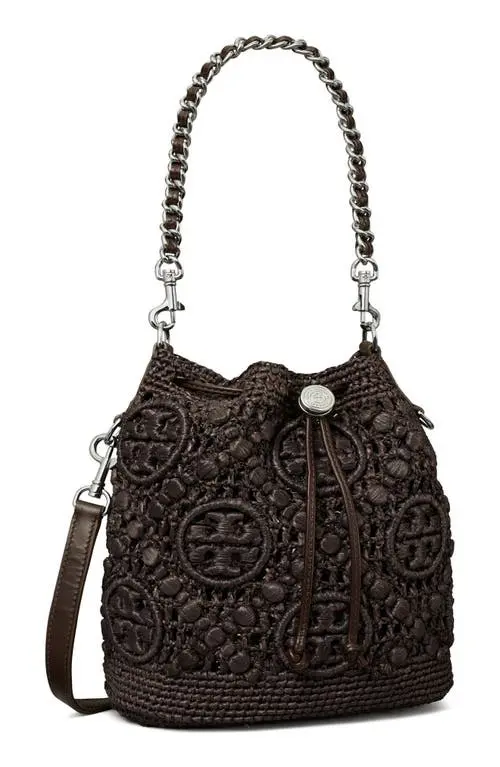 Tory Burch T Monogram Raffia Bucket Bag - Cocoa