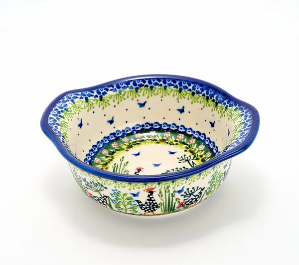 LIDIA'S POLISH POTTERY Hand Painted Baker Bowl W/ Handles - One-color
