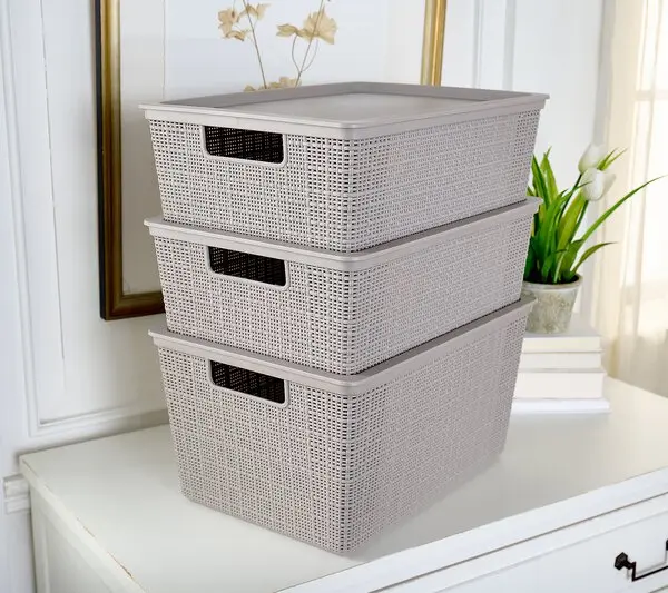 CELLA Set Of 3 Textured Storage Bins With Lids - One-color