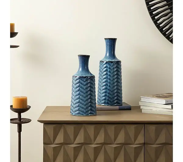 GLITZHOME Modern Brilliant Chevron Ceramic Tabl E Vases S/2 - One-color
