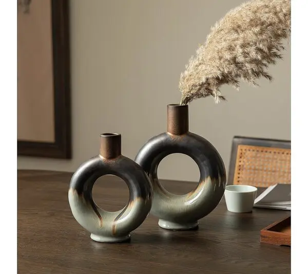 GLITZHOME Modern Two-toned Open Circle Ceramic Table Vases S/2