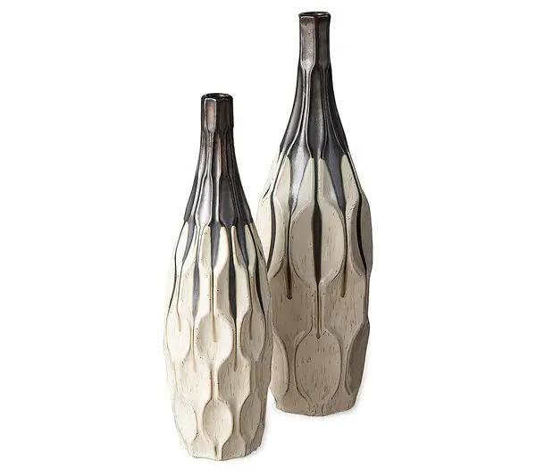 GLITZHOME Two-toned Geometric Faceted Ceramic T Able Vases S/2