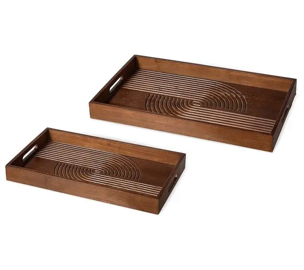 GLITZHOME Rectangle Rubber Wood Abstract Decora Tive Tray 2-set
