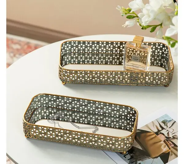 GLITZHOME Rectangle Metal Mirrored Decorative T Rays Set Of 2 - One-color