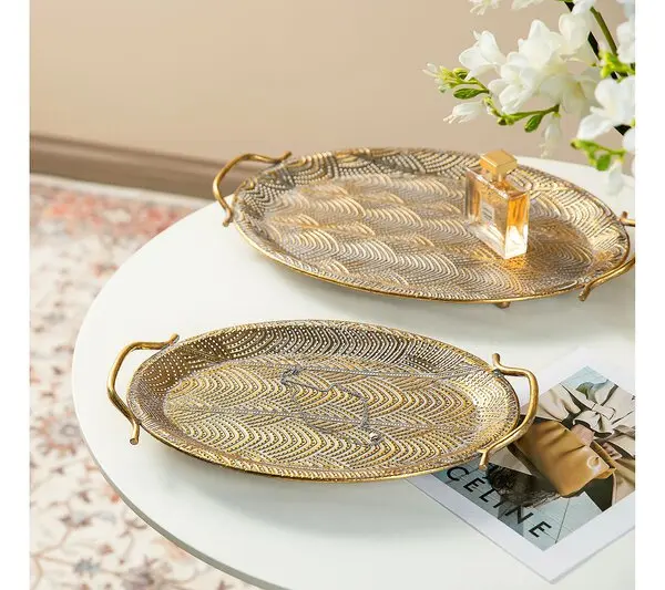 GLITZHOME Set Of 2 Oval Metal Decorative Trays - One-color