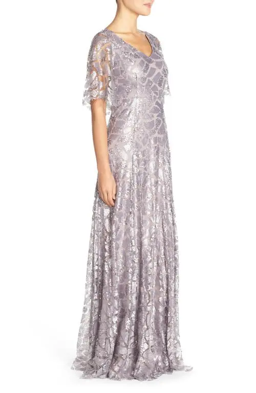 Maggy London Camilla Sequin Flutter Sleeve Gown