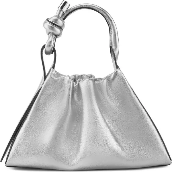 BEHNO Mini Tina Ruched Metallic Leather Baguette Bag - Silver