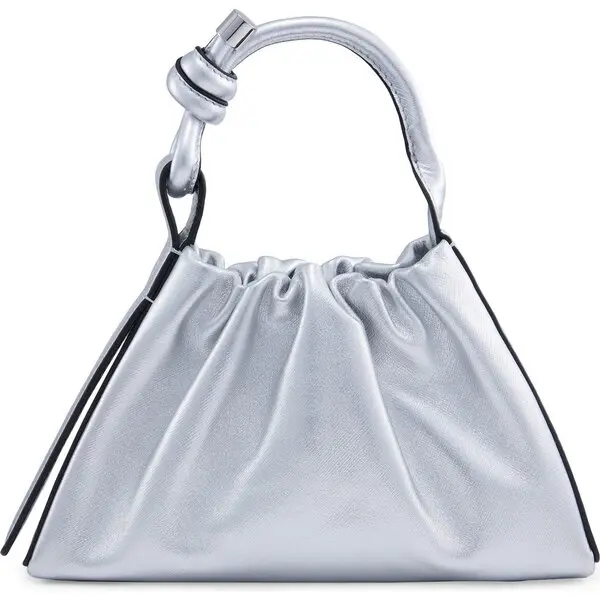 BEHNO Mini Tina Ruched Metallic Leather Baguette Bag - Silver
