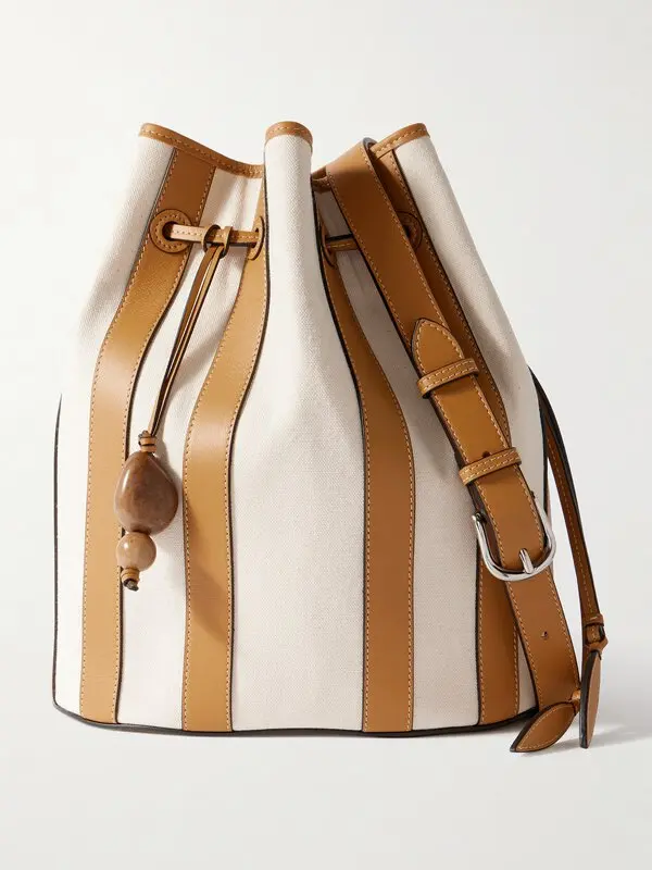 HUNTING SEASON Extra Drawstring Leather-trimmed Striped Canvas Bucket Bag - Brown