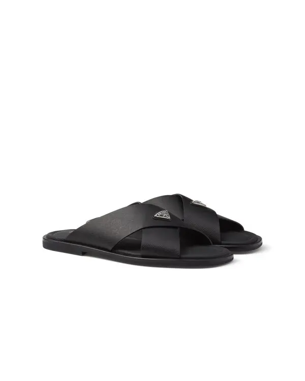 Prada Saffiano Leather Crisscross Slides - Black