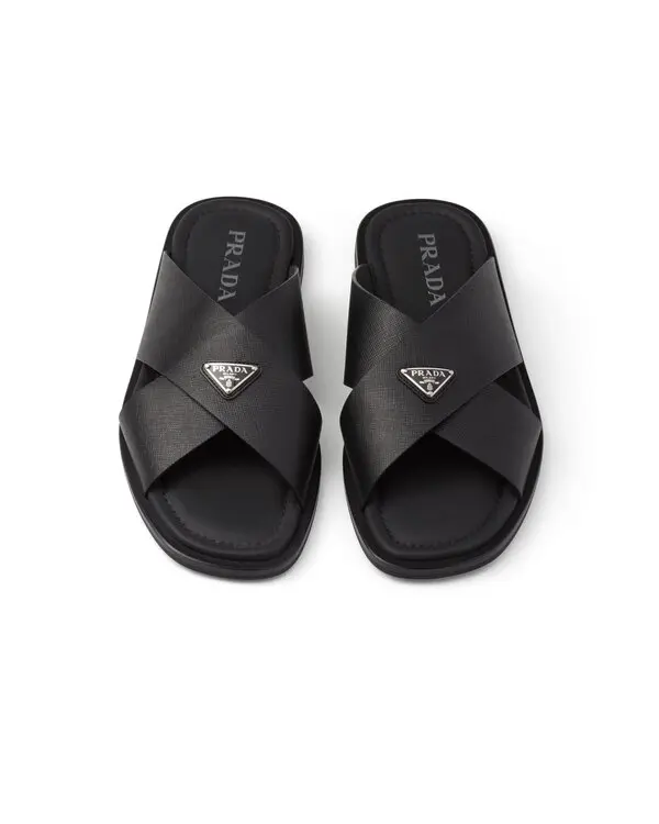 Prada Saffiano Leather Crisscross Slides - Black