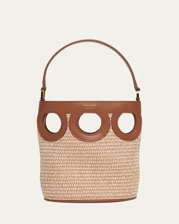 FERRAGAMO Gancini Frame Raffia Bucket Bag - Beige