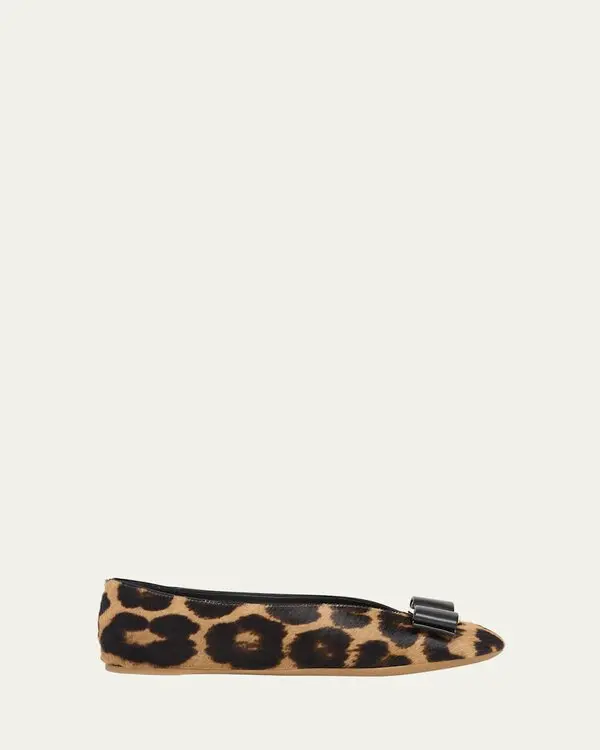 FERRAGAMO Vanna Leopard Bow Ballerina Flats - Fondo